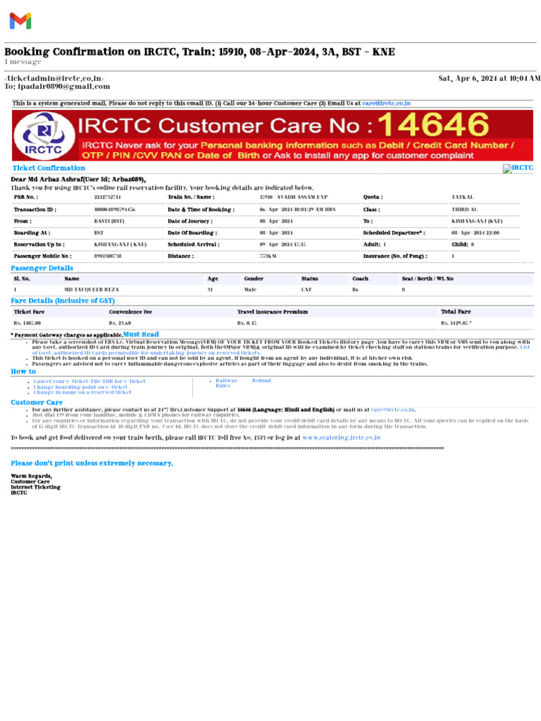 Train - 15910, 08-Apr-2024, 3A, BST - KNE | PDF | Service Industries