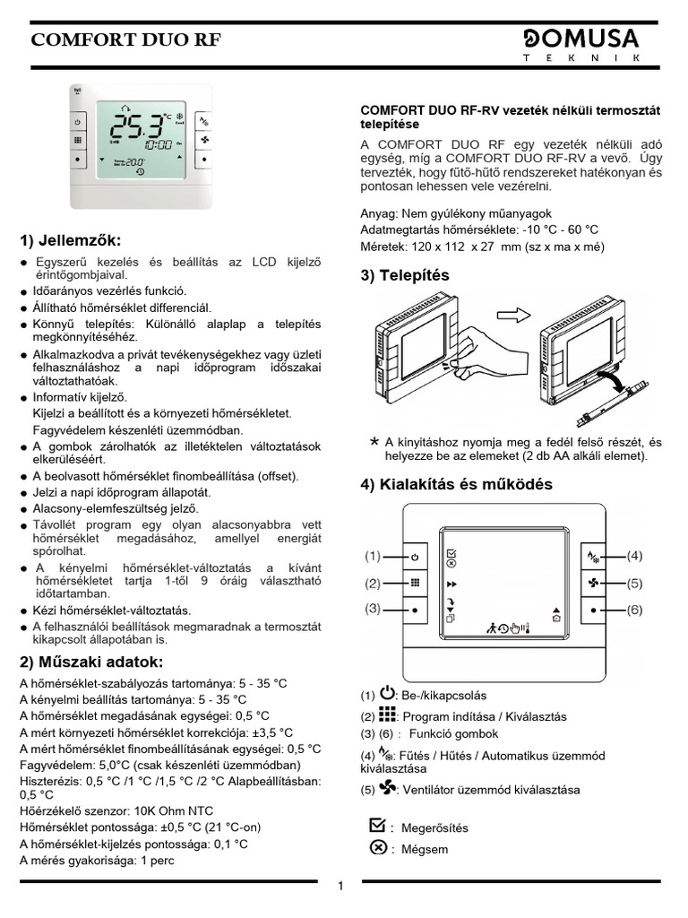 Domusa Comfort Duo RF Termosztát Használati Utasítás 202009 | PDF