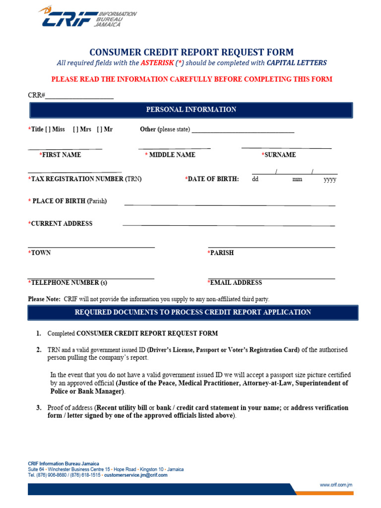 Credit Report Application Guidelines Jamaica | PDF | Credit History
