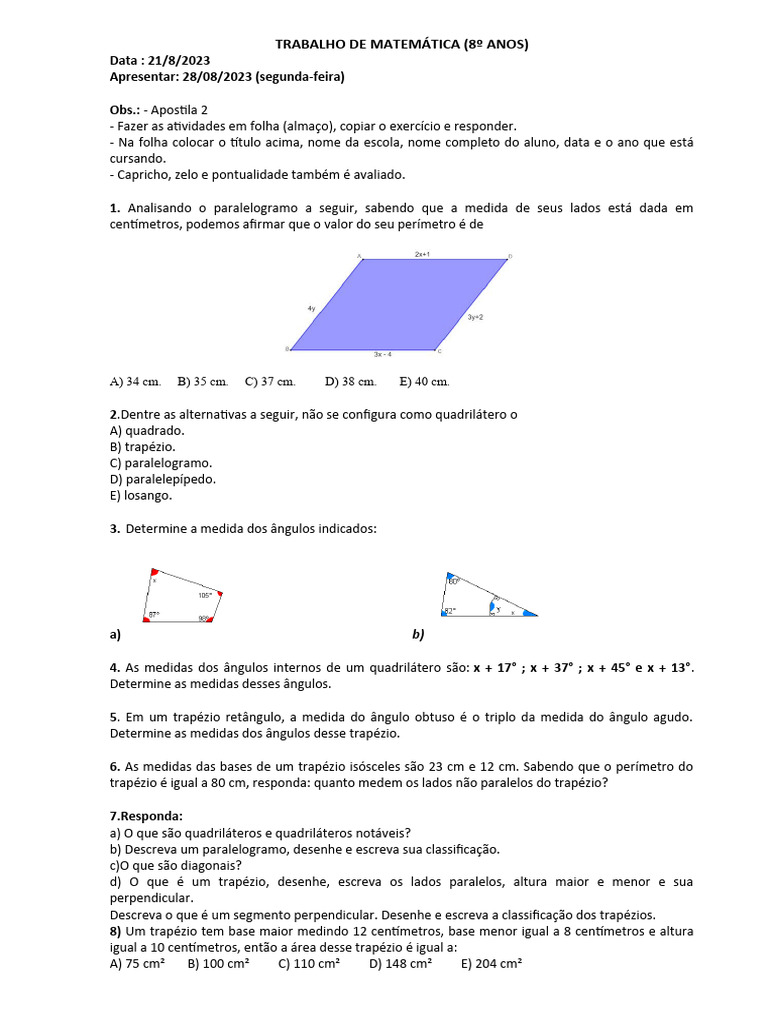 Trabalho Matemática 3 Bimestre | PDF | Geometria Euclidiana | Geometria Elementar