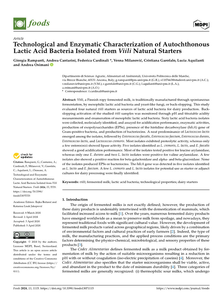 Technological and Enzymatic Characterization of Autochthonous Lactic Acid Bacteria Isolated From ...