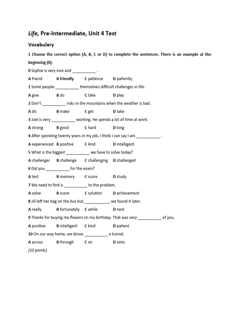 Life 2e - Pre Intermediate - Unit 4 Test - Word | PDF | Underwater Diving