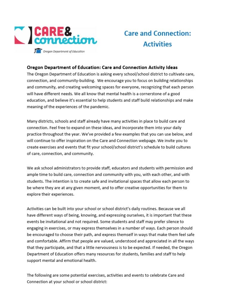 Care and Connection Week Activities | PDF | Mental Health | Teachers