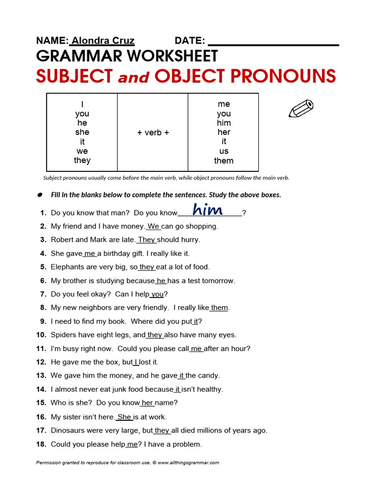 Object and Subject Pronouns Worksheet | PDF