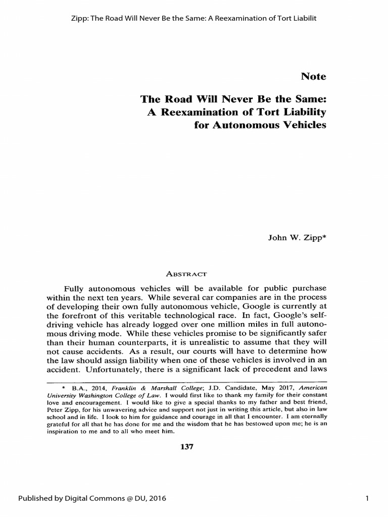 The Road Will Never Be The Same - A Reexamination of Tort Liability For ...