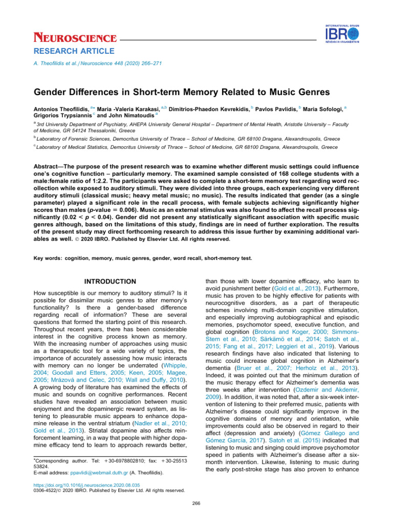 Gender Differences in Music-Related Memory | PDF | Cognition | Memory
