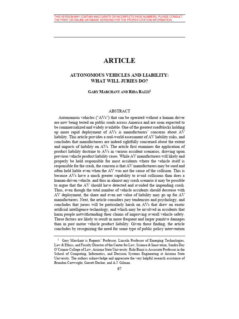Autonomous Vehicles and Liability - What Will Juries Do | PDF | Waymo ...