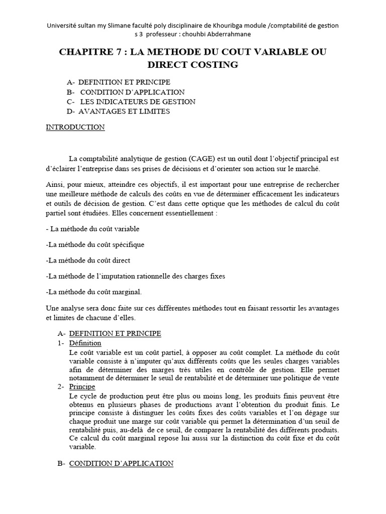 Méthode du Coût Variable en Gestion | PDF | Coût | Comptabilité