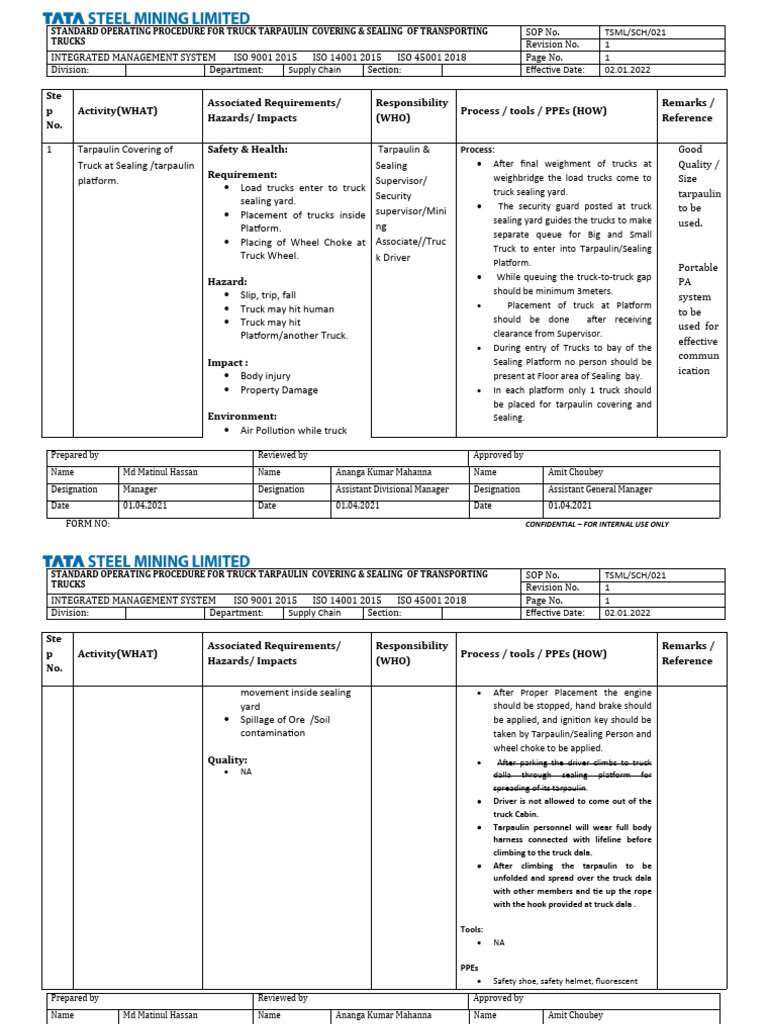 Truck Tarpaulin Covering SOP | PDF | Truck | Personal Protective Equipment