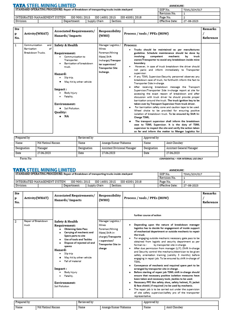 SOP For Breakdown of Vehicle - 17. Rev-2 | PDF | Truck | Personal ...