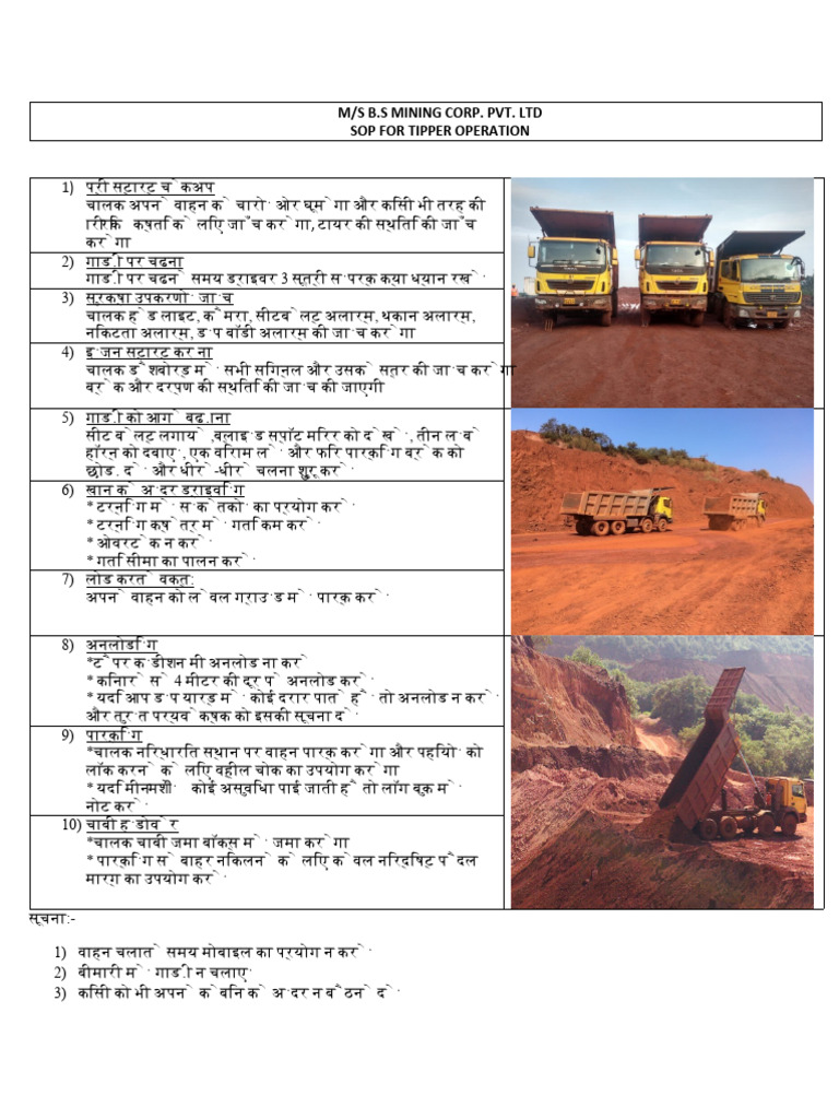 Visual Sop For Tipper Operation | PDF