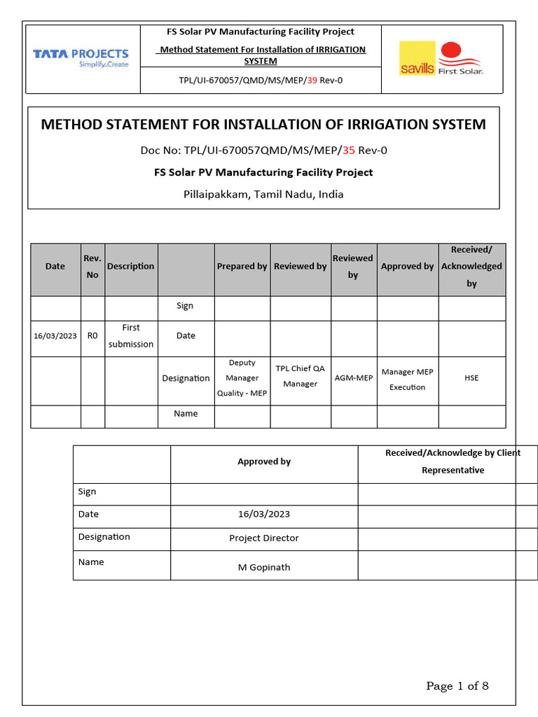 METHOD STATEMENT FORMAT | PDF | Pipe (Fluid Conveyance) | Irrigation