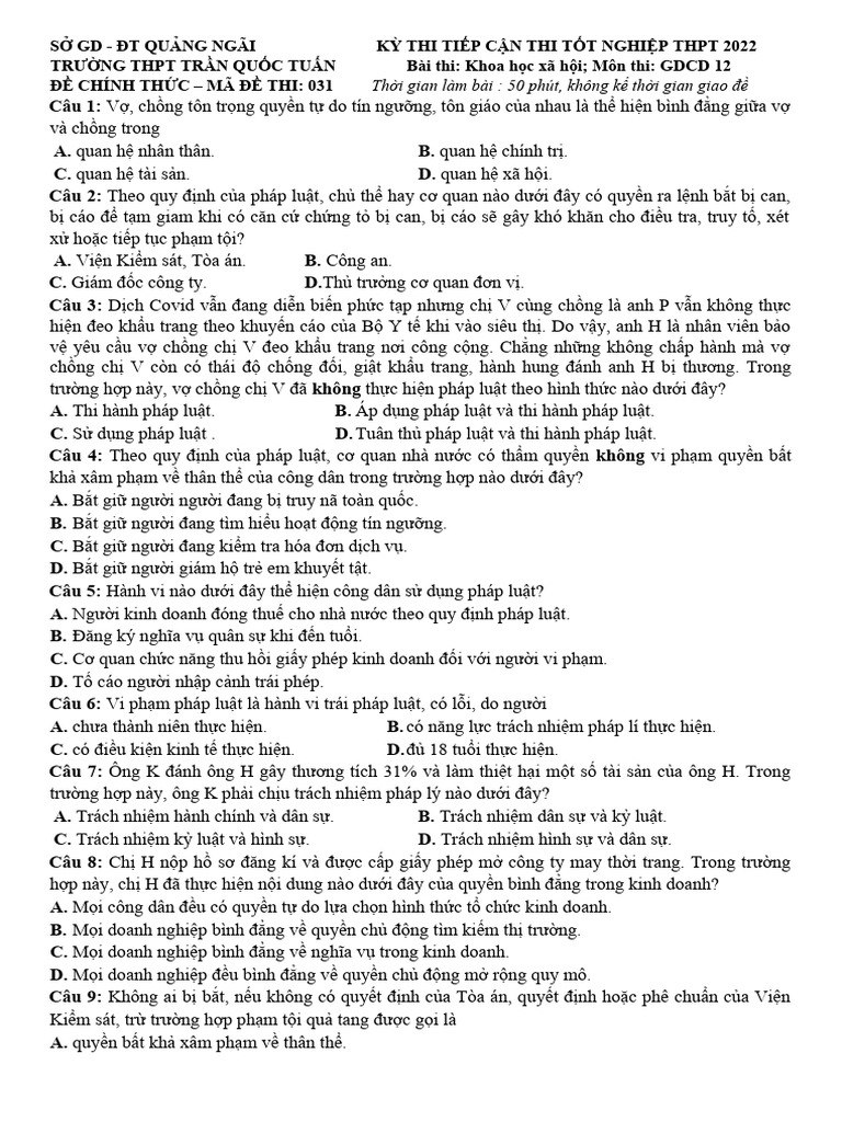 Đề Thi Gdcd 12 - Đề 31 | PDF
