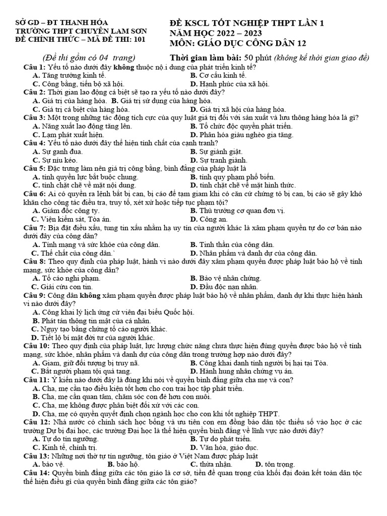 Đề thi GDCD 12 - Đề 101 | PDF