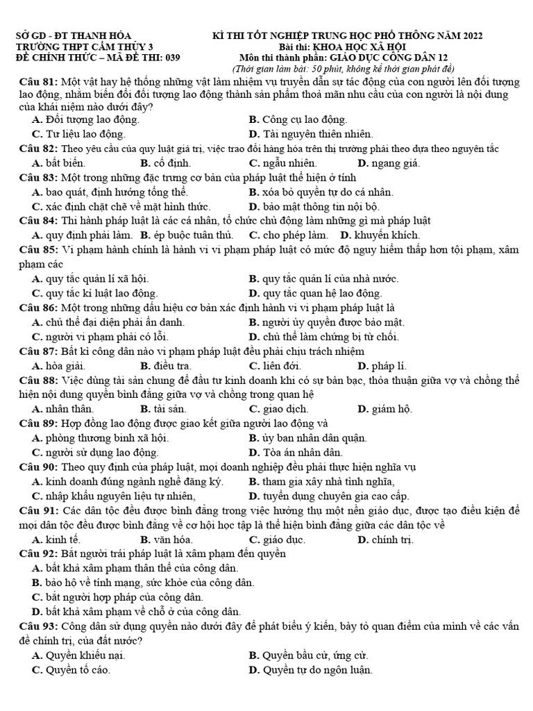 Đề thi GDCD 12 - Đề 39 | PDF