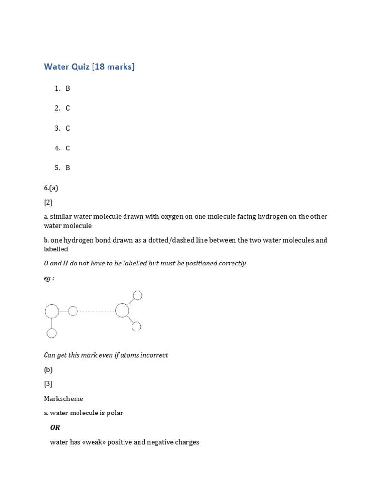 Water Quiz MARK SCHEME | PDF | Teaching Methods & Materials ...