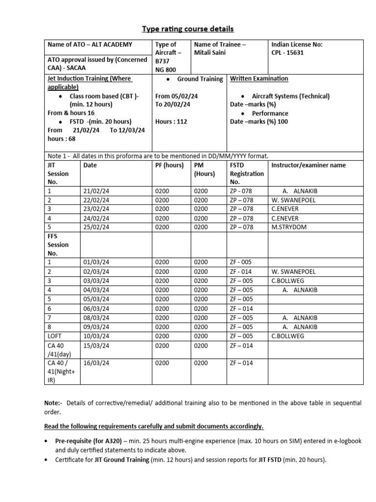 Updated-Type Rating Course Details Proforma For Verification | PDF ...