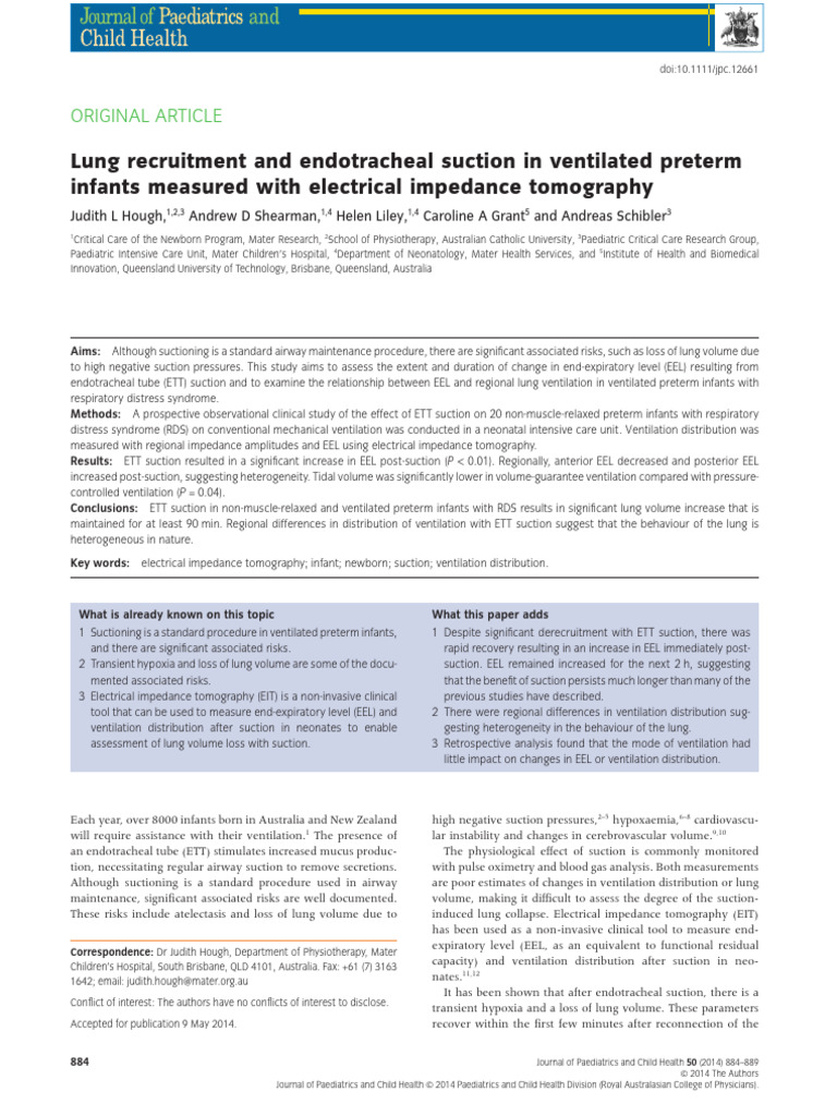 ETT Suction Effects on Preterm Infants' Lung Volume | PDF | Preterm ...