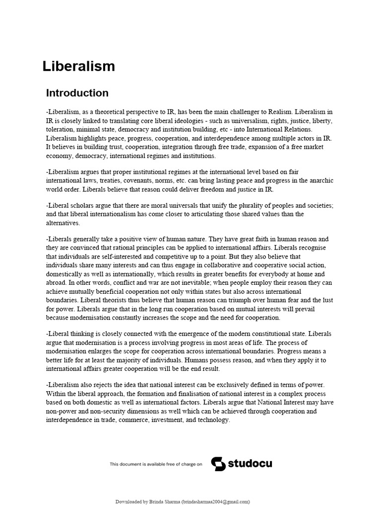 LIBERALISM | PDF | Liberalism | International Relations