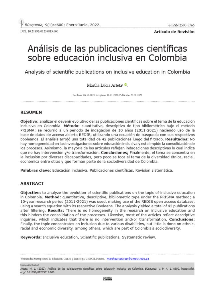 Análisis de las publicaciones científicas sobre educación inclusiva en Colombia | PDF ...