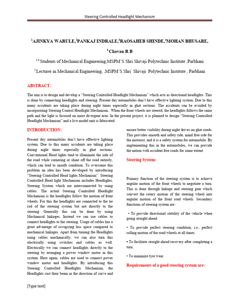 Steering Controlled Headlight Mechanism | PDF | Headlamp | Steering
