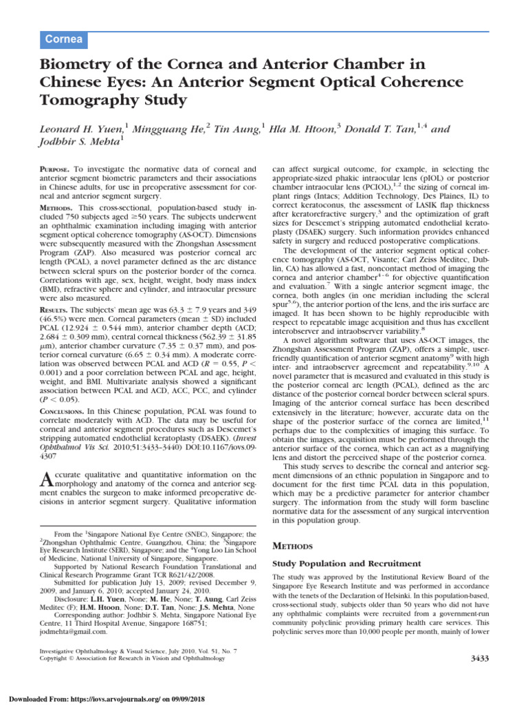 Biometry of The Cornea and Anterior Chamber in Chinese Eyes: An ...
