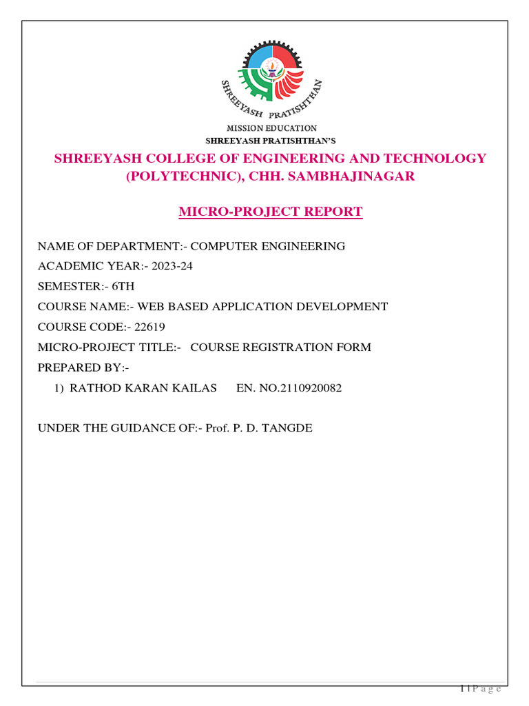 Shreeyash College of Engineering and Technology (Polytechnic), Chh. Sambhajinagar Micro-Project ...