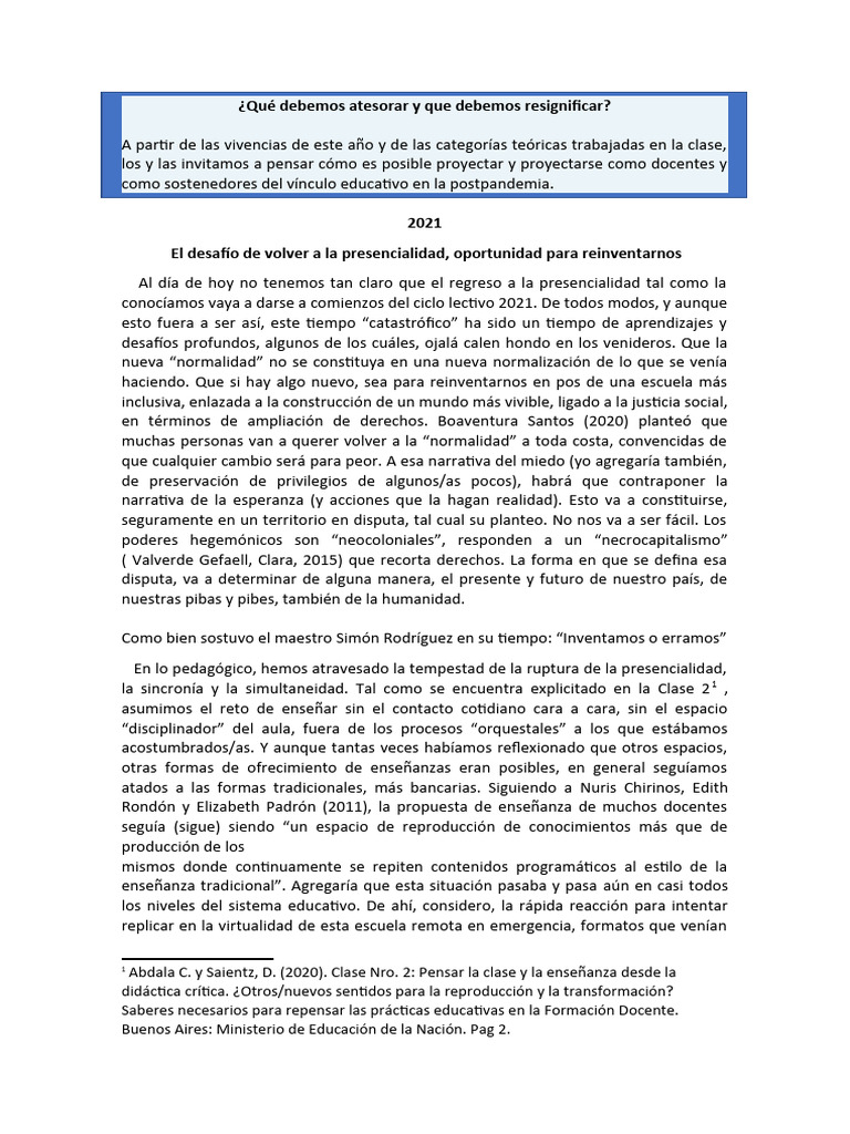 Qué Debemos Atesorar y Que Debemos Resignificar. Actividad Obligatoria ...