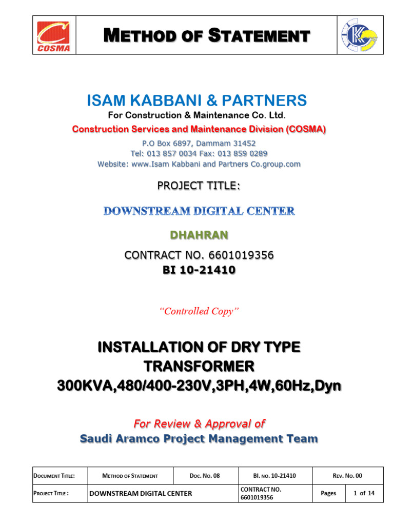 Method of Statement -Dry Type Transformer | PDF | Electrical Connector ...