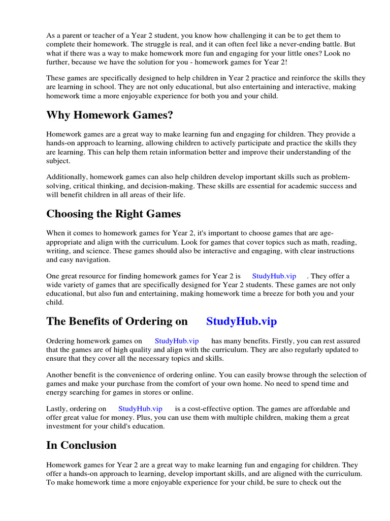 Engaging Homework Games for Year 2 | PDF | Homework | Worksheet