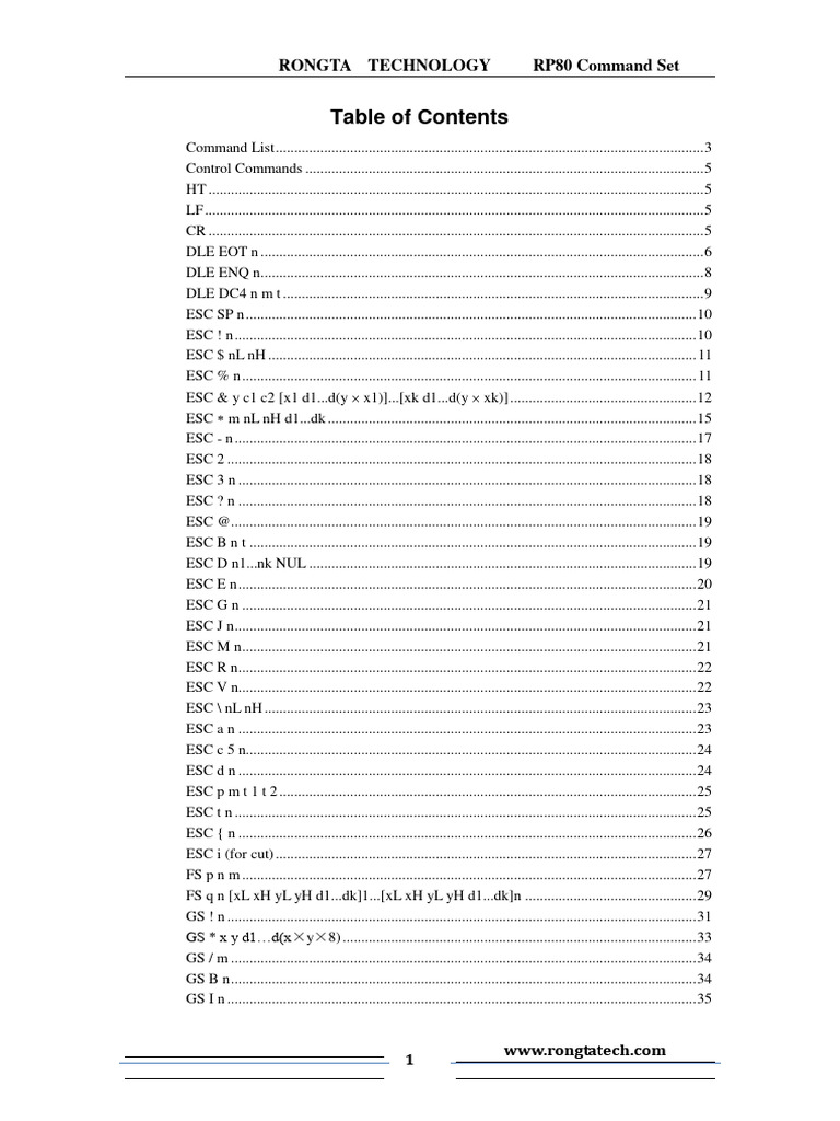 Thermal Printer RONGTA TECHNOLOGY RP80 Command Set | PDF | Ascii | Printer (Computing)