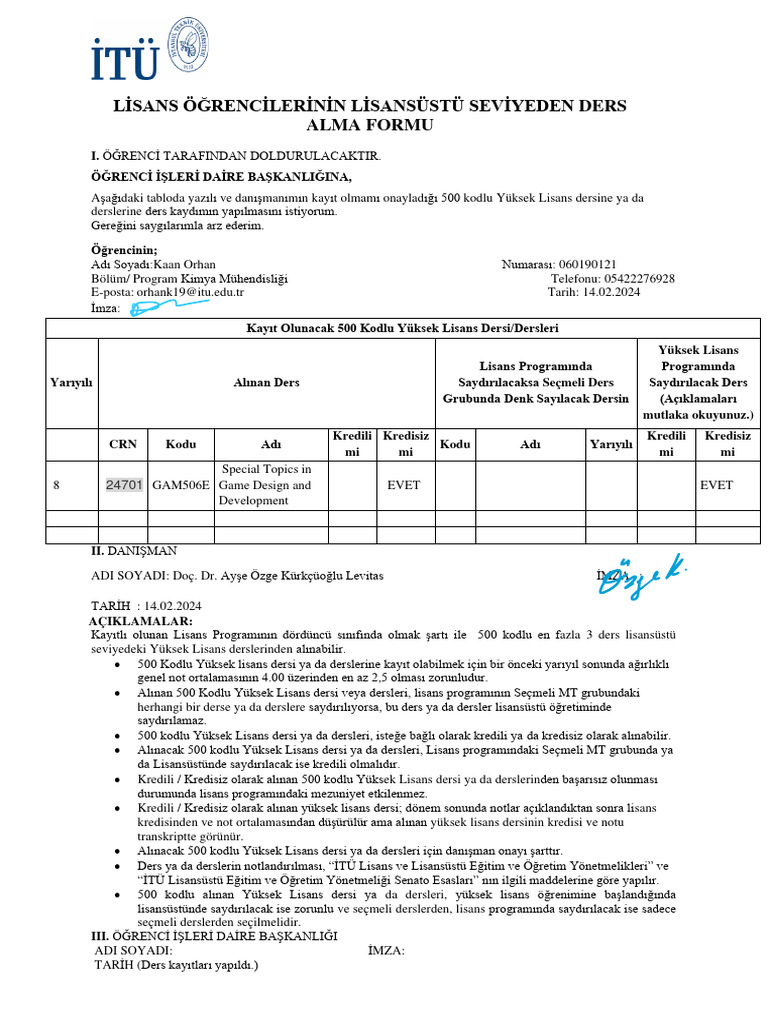 Lisansustu Ders Kayıt Formu - Final | PDF
