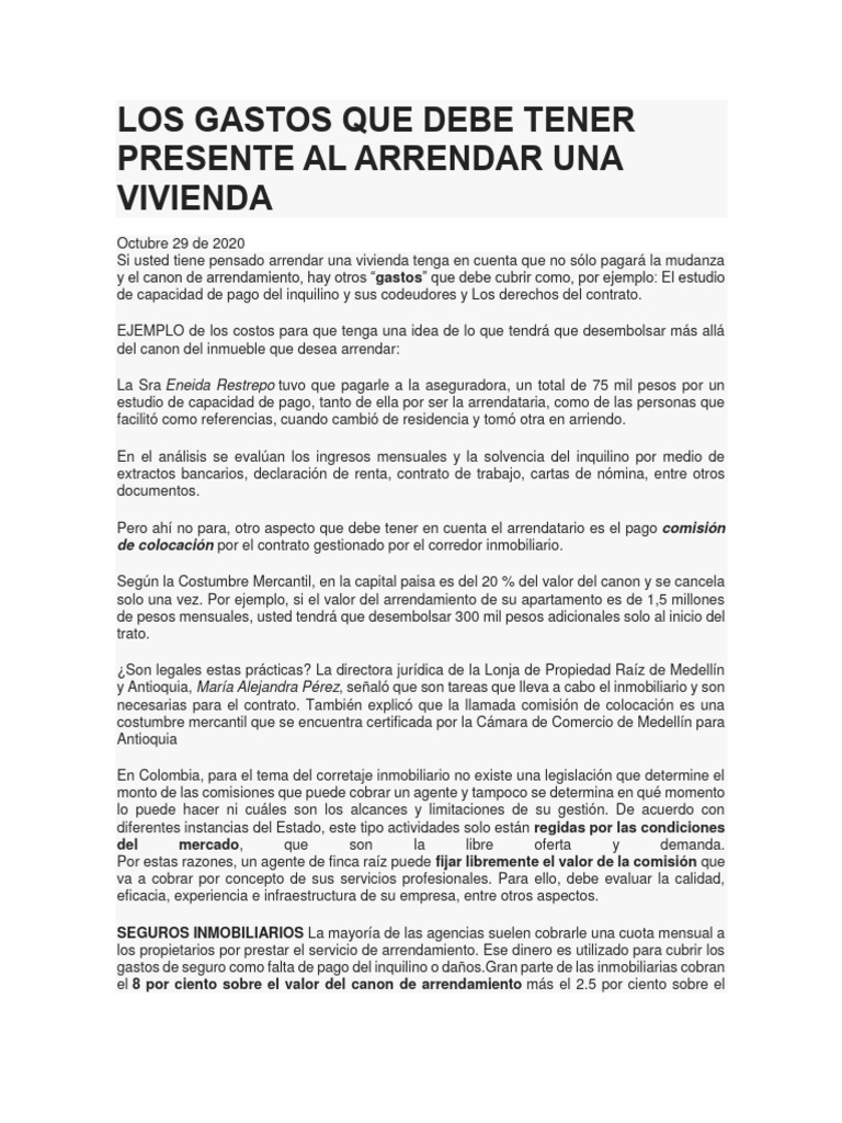 Los Gastos Que Debe Tener Presente Al Arrendar Una Vivienda | PDF ...