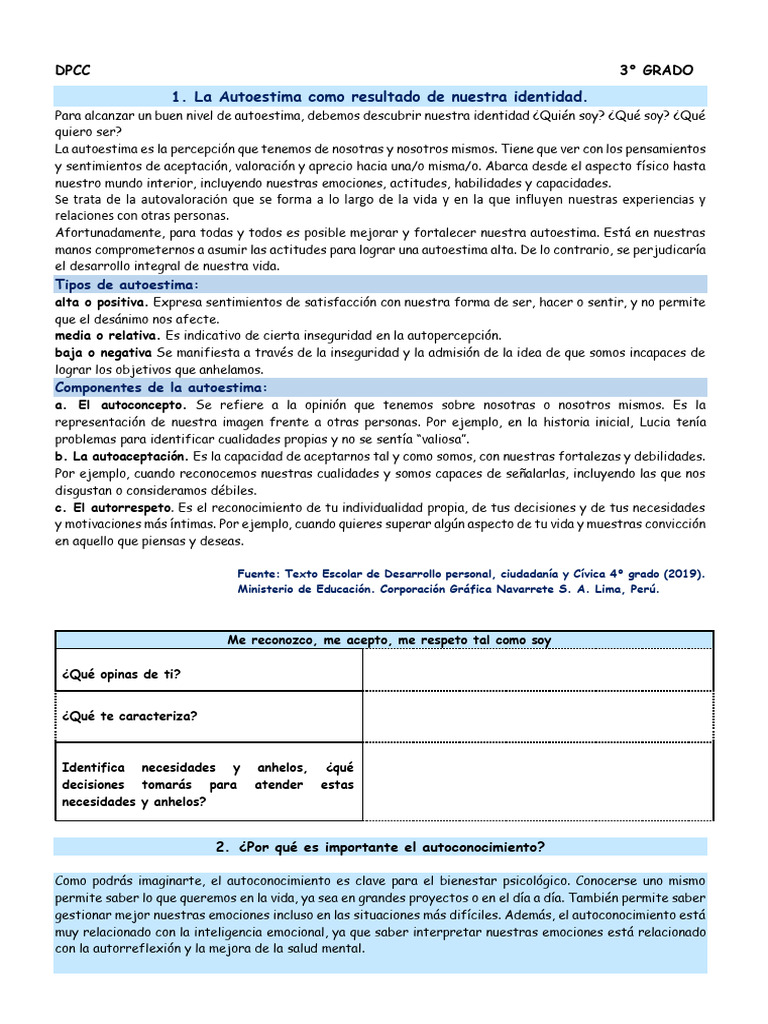 Ficha de Lectura-Sesión 1 | PDF | Autoestima | Las emociones