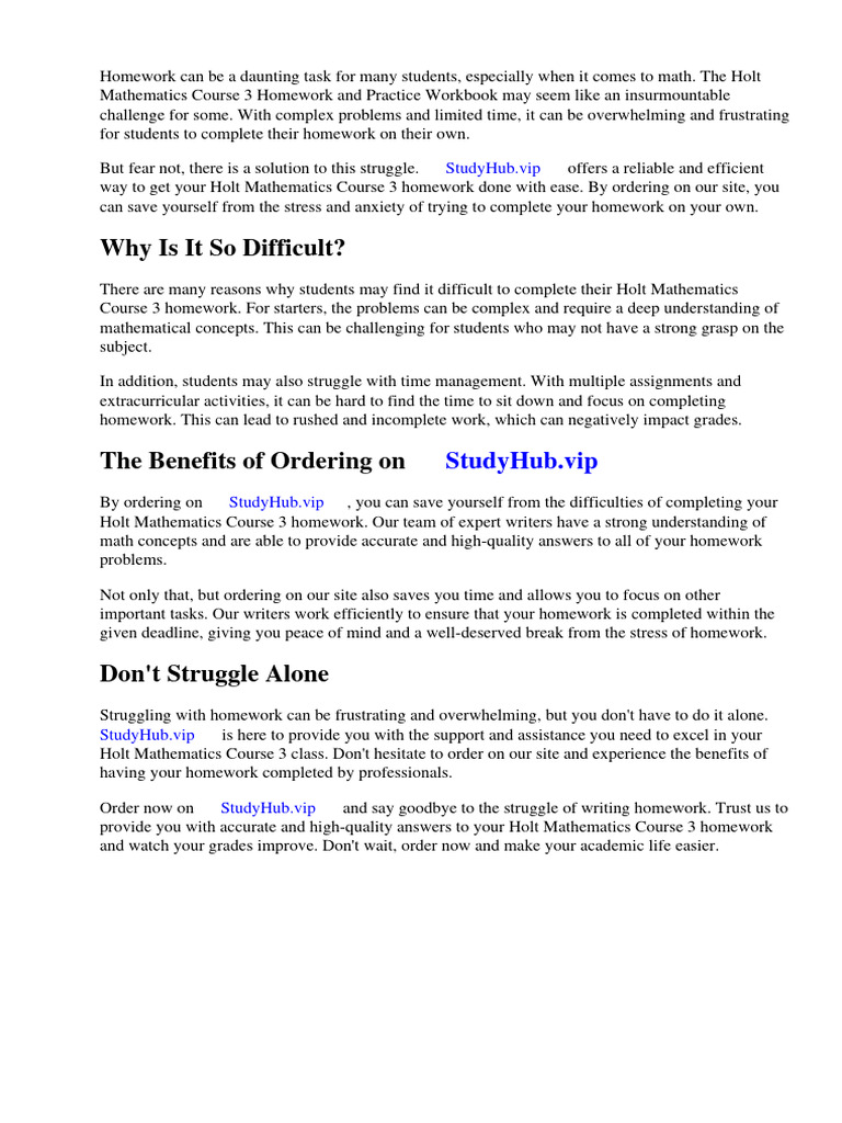 Holt Mathematics Course 3 Homework and Practice Workbook Answers | PDF ...