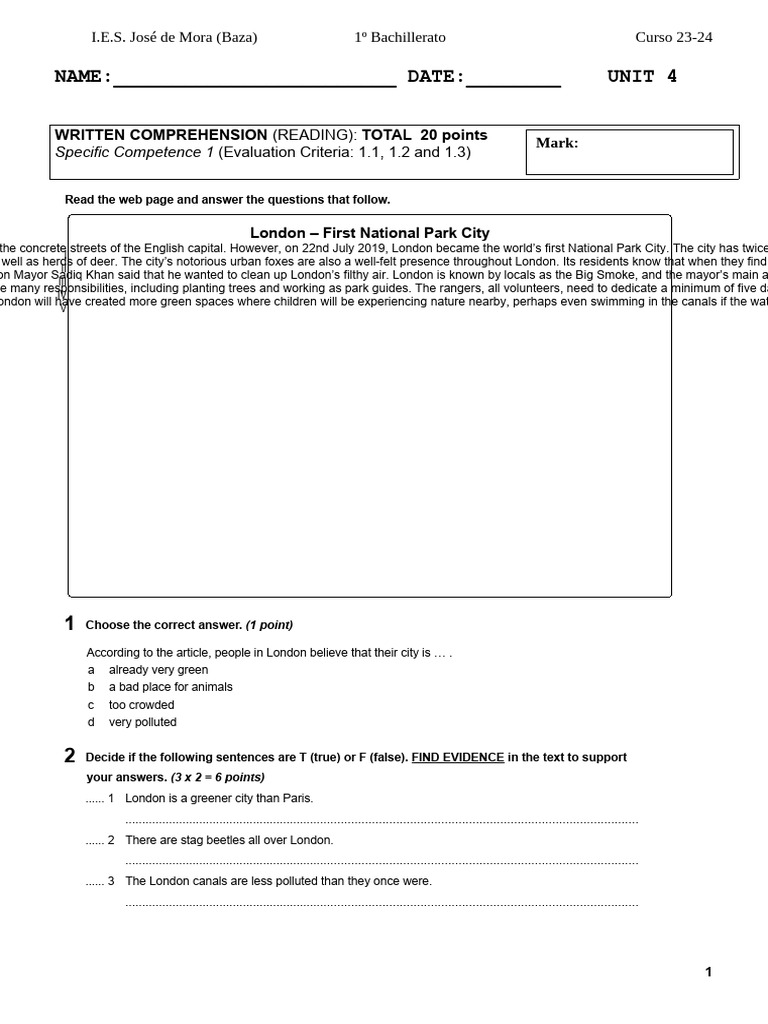 Exam Reading Writing 1º Bach A | PDF | Cognitive Science | Cognition