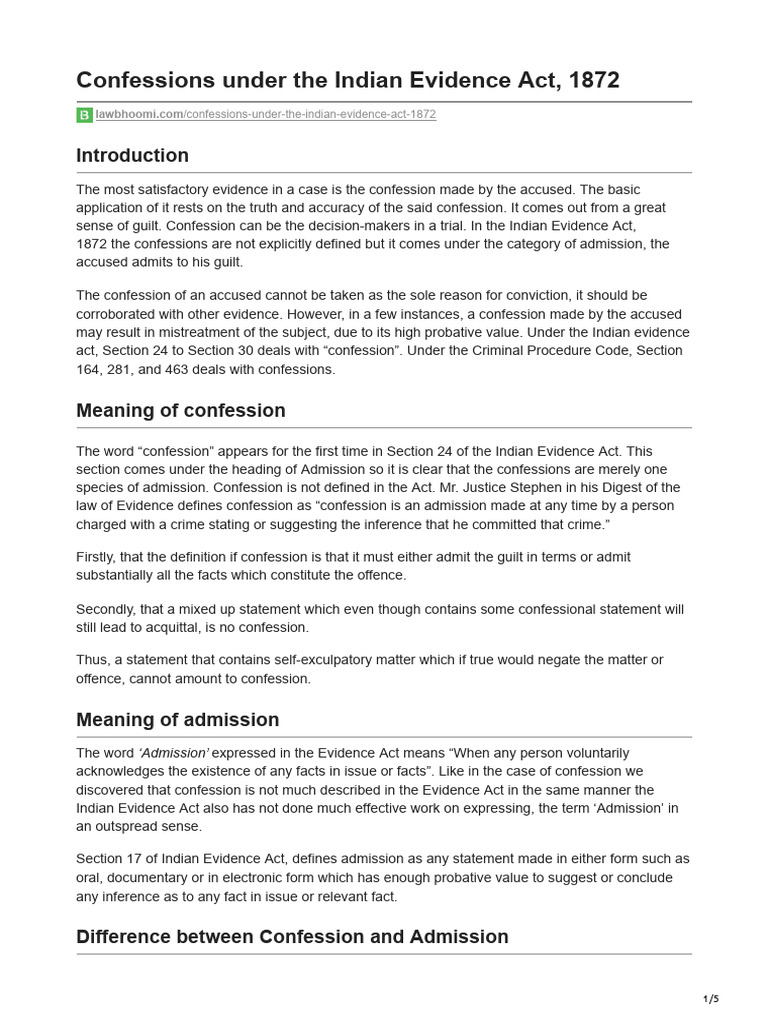 Confessions Under The Indian Evidence Act 1872 | PDF | Confession (Law ...