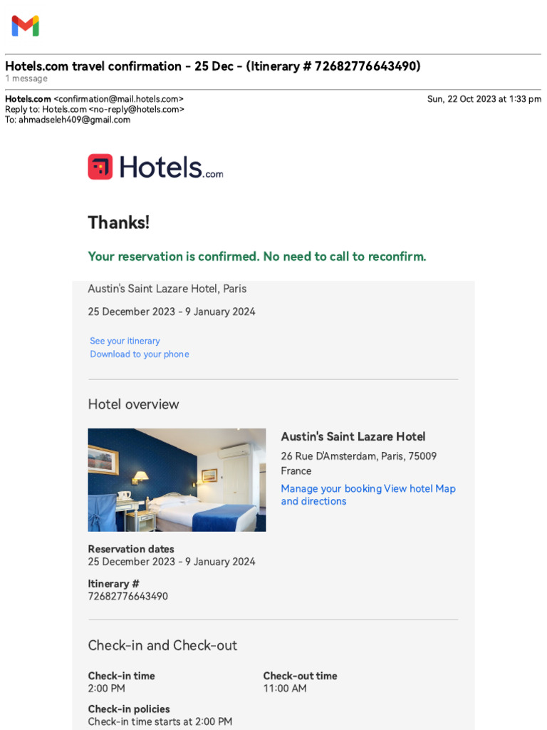 Hotels.com travel confirmation - 25 Dec - (Itinerary # 72682776643490 ...