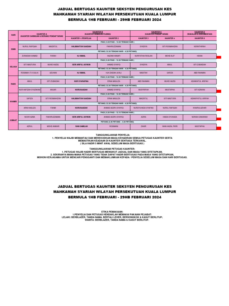 Jadual Petugas Kaunter (Februari 2024) | PDF