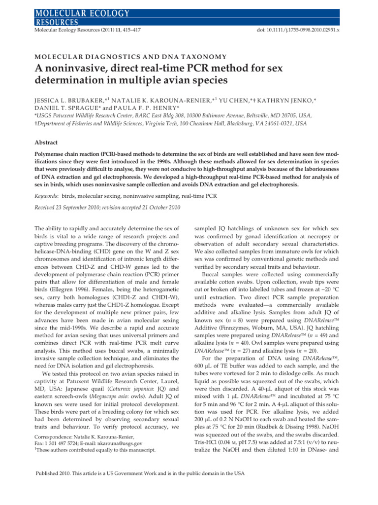 A Noninvasive, Direct Real Time PCR Method For Sex Determination in ...