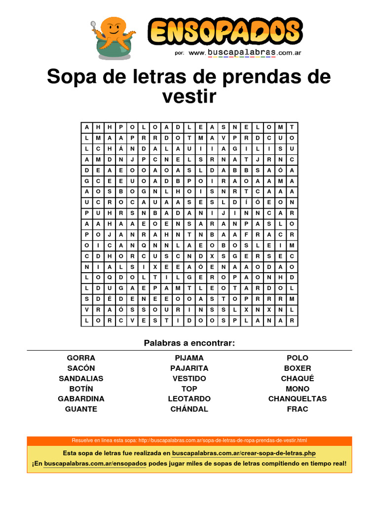 Sopa de Letras de Ropa Prendas de Vestir - 1921 | PDF | Ropa | Moda