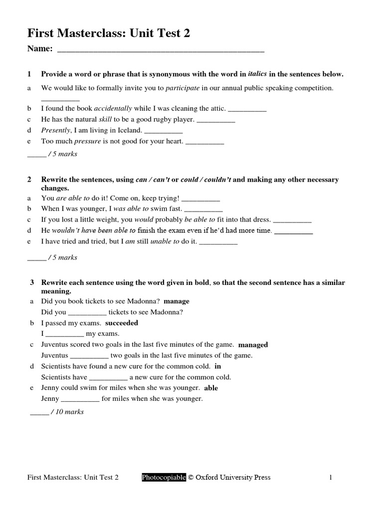First Masterclass Unit Test 2 Pdf