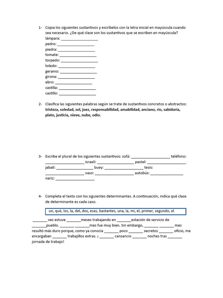 Ejercicios Morfología Sustantivos, Adjetivos, Determinantes | PDF ...