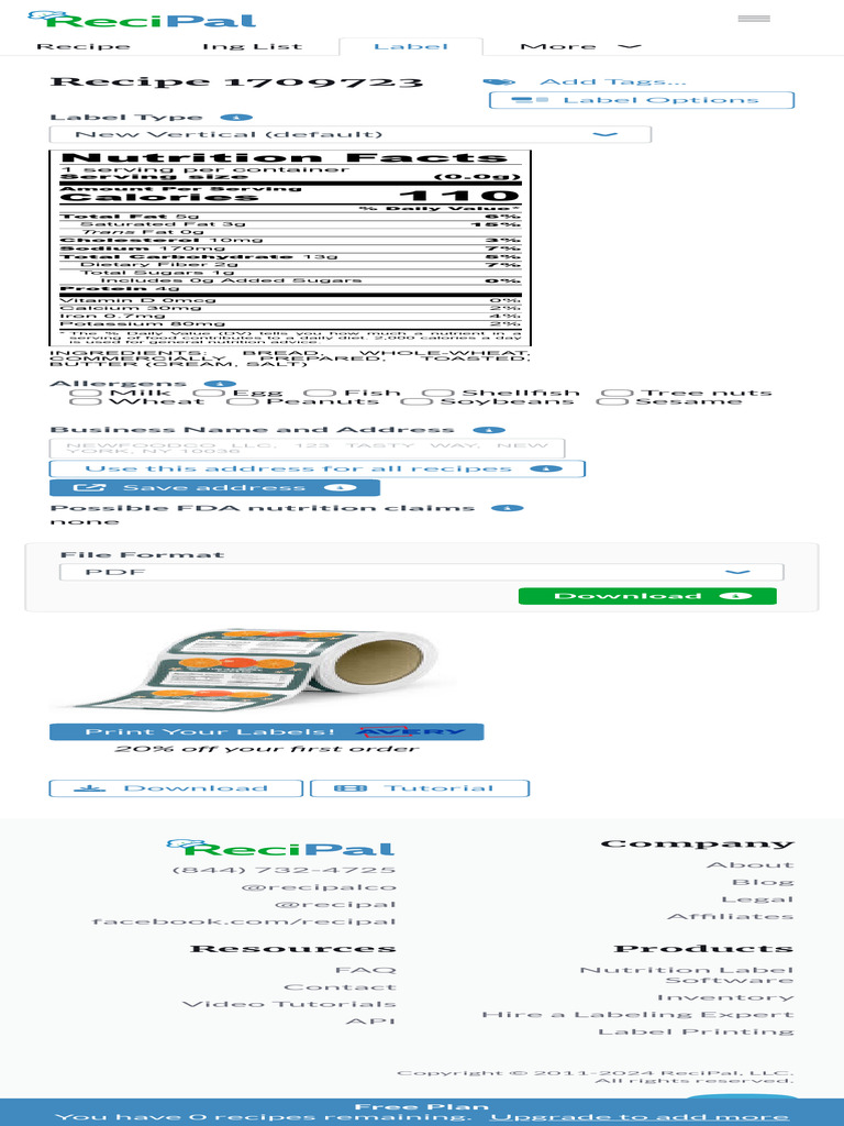 Label - Recipe 1709723 - ReciPal | PDF | Nutrition Facts Label | Nutrition