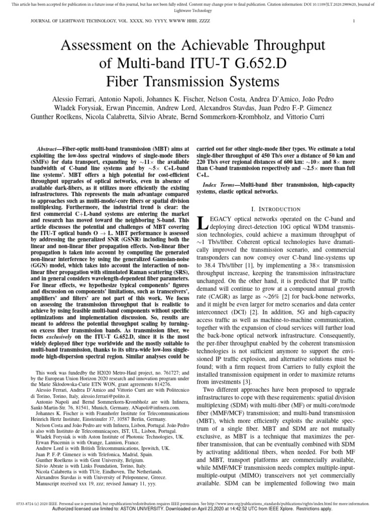 Assessment On The Achievable Throughput of Multi-Band ITU-T G.652.D ...