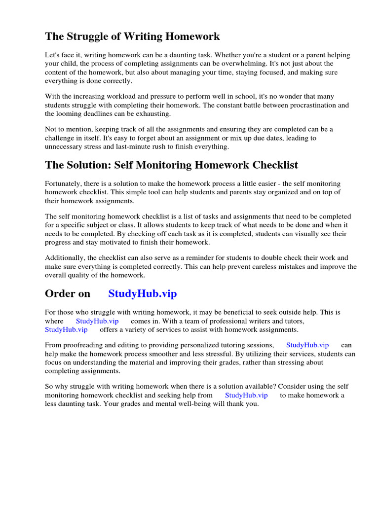 Self-Monitoring Homework Checklist | PDF | Homework | Individualized ...