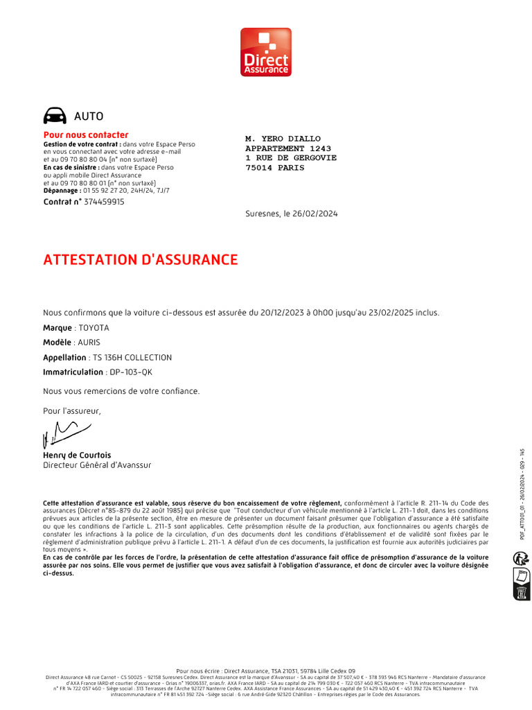 Attestation d'assurance auto Direct Assurance | PDF | Assurance | Risque
