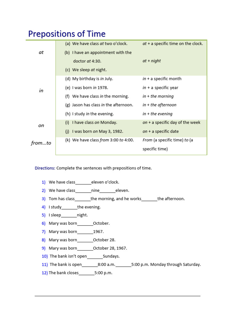Prepositions of Time - FILL in the GAPS | PDF