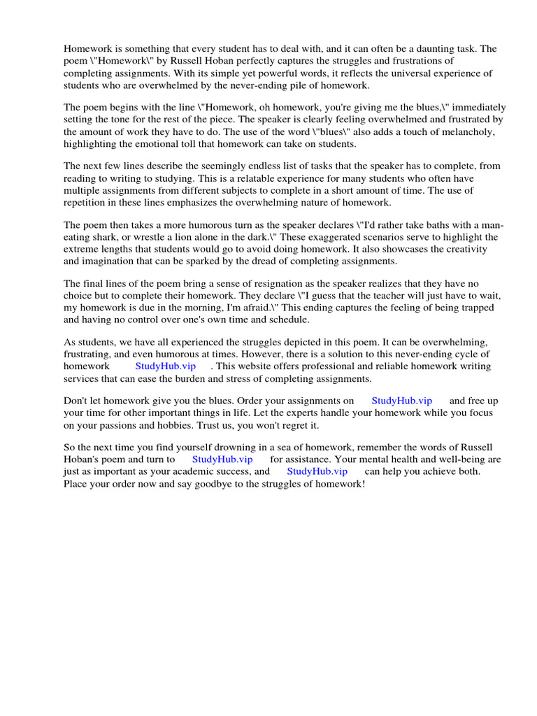 Homework by Russell Hoban Poem | PDF