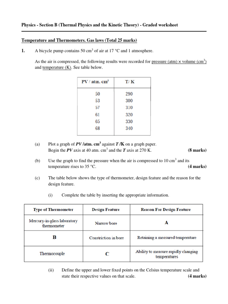 Physics - Sec B (Thermal Physics and The Kinetic Theory) - Graded Worksheet | PDF | Temperature ...